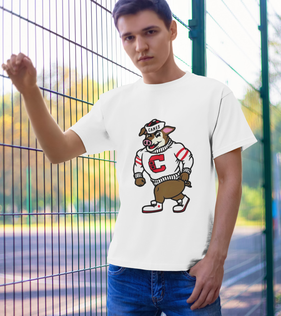 Canes Mascot Pig In Red And White Sweater With Stripes T-Shirt