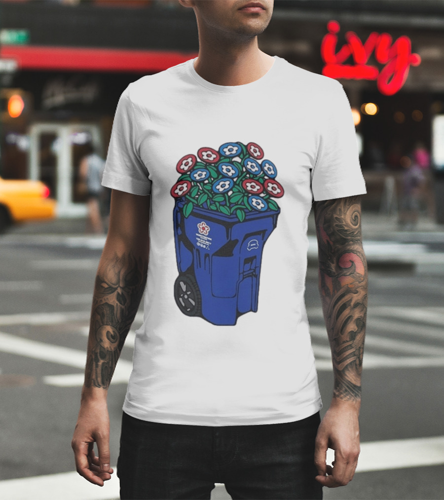 Vandy The Pink Trash Can Blue Recycling Bin Flowers T-Shirt