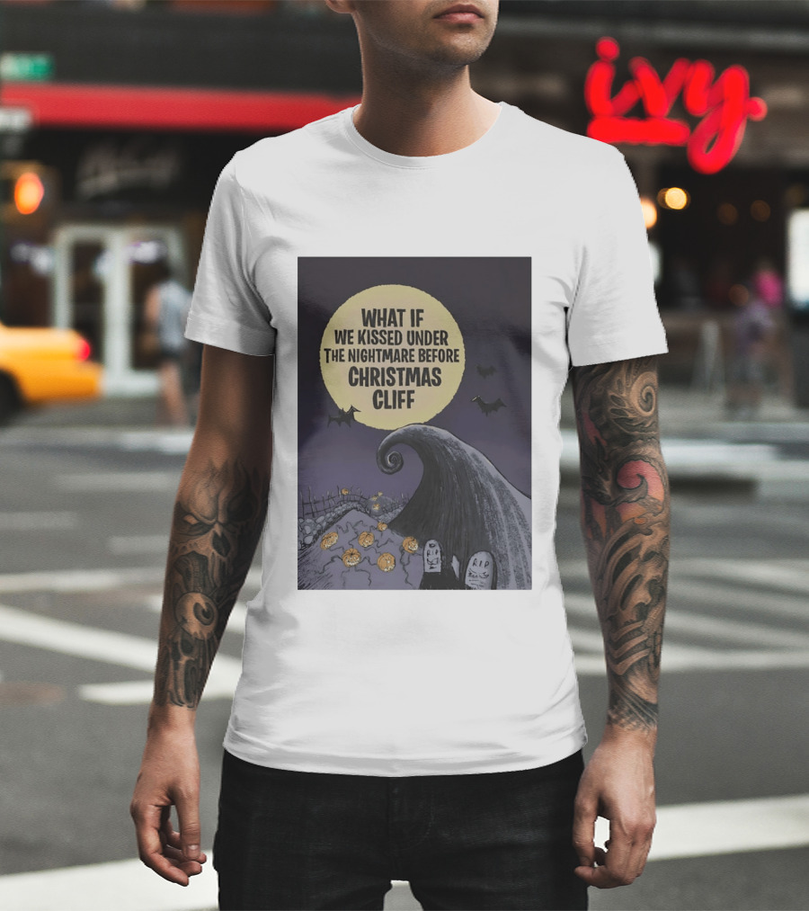 What If We Kissed Under The Nightmare Before Christmas Cliff Halloween Moon Bats Pumpkins Graveyard Scene T-Shirt