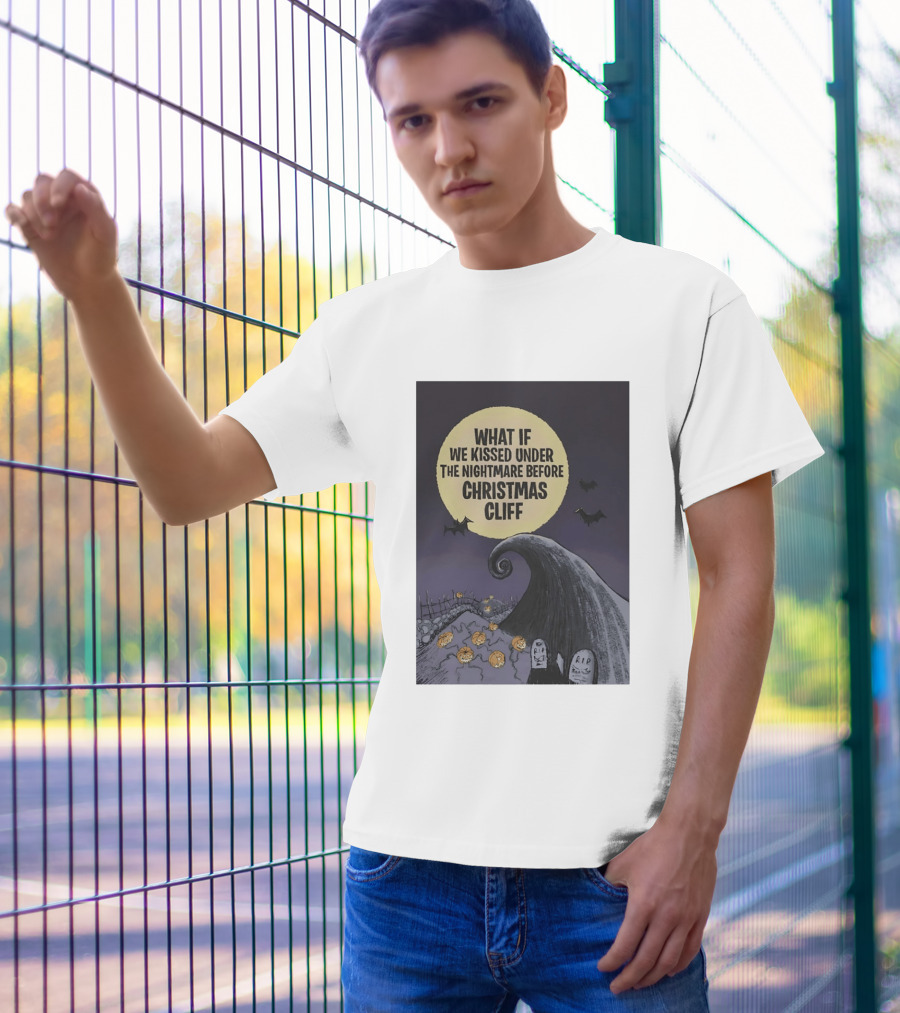 What If We Kissed Under The Nightmare Before Christmas Cliff Halloween Moon Bats Pumpkins Graveyard Scene T-Shirt
