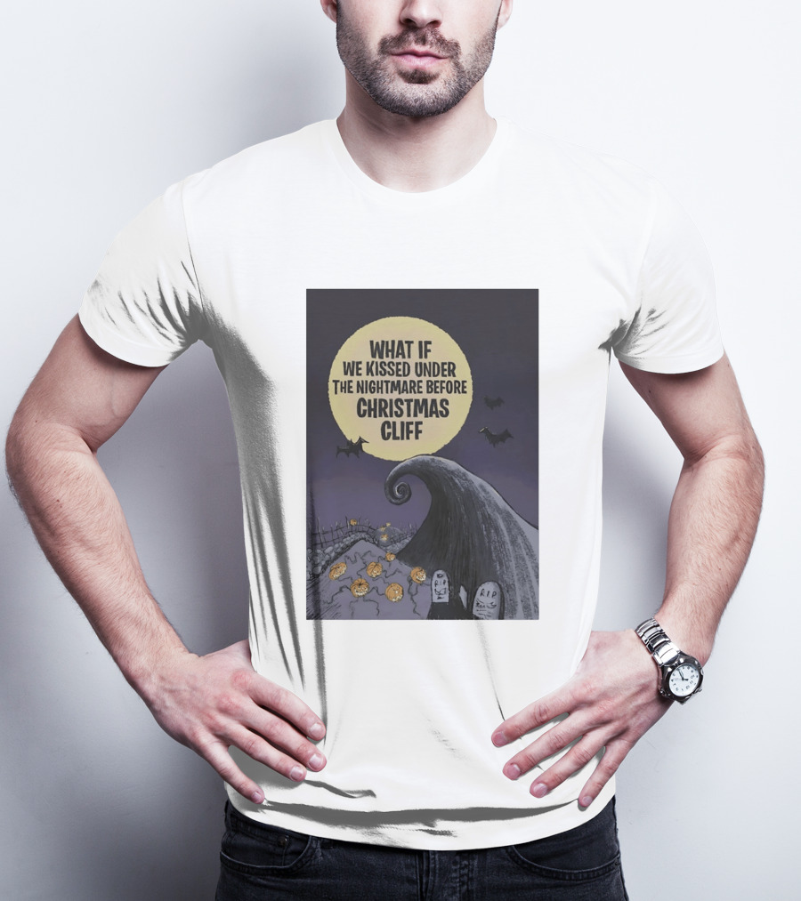 What If We Kissed Under The Nightmare Before Christmas Cliff Halloween Moon Bats Pumpkins Graveyard Scene T-Shirt