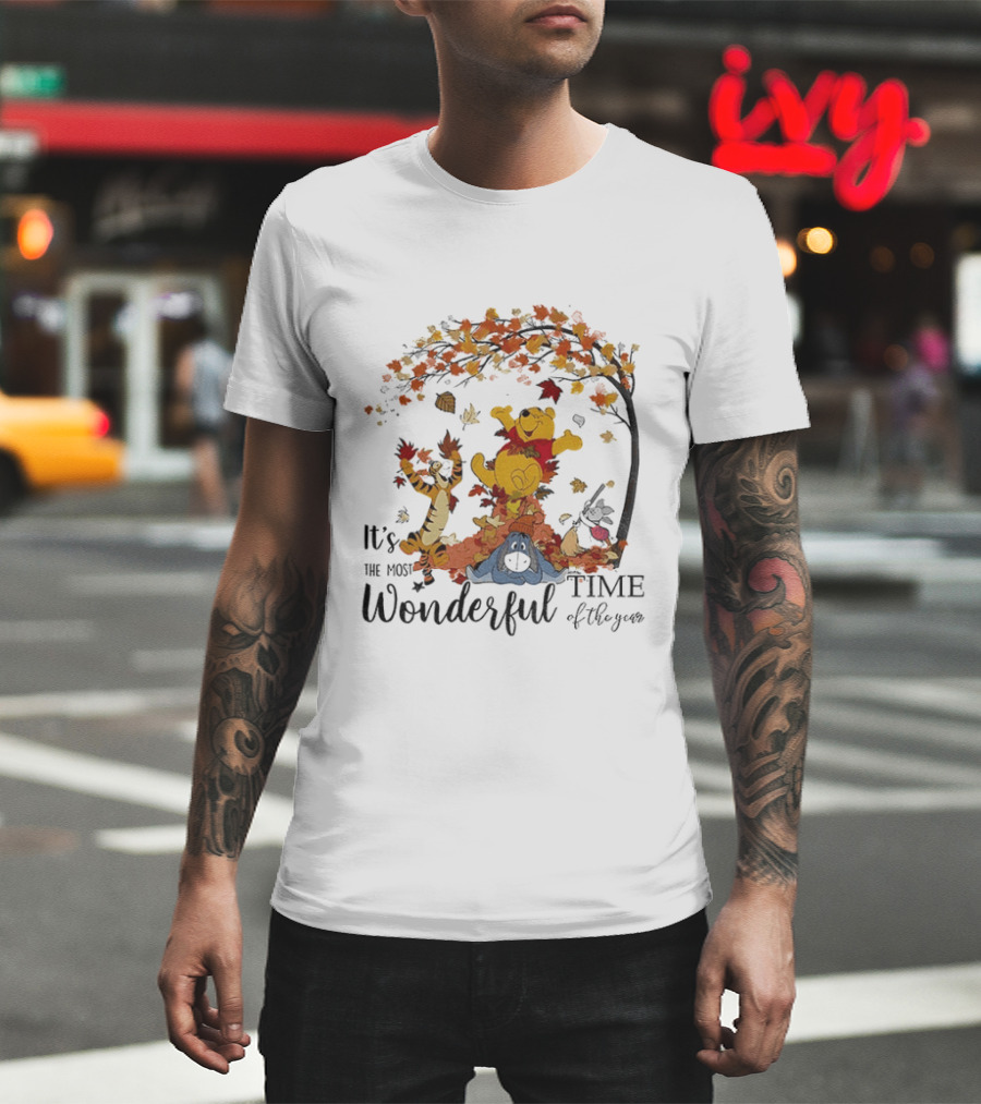 Winnie The Pooh It's The Most Wonderful Time Of The Year Happy Fall Autumn Leaves T-Shirt