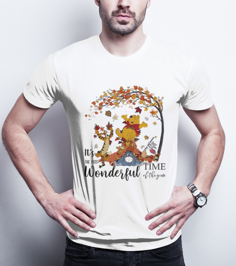 Winnie The Pooh It's The Most Wonderful Time Of The Year Happy Fall Autumn Leaves T-Shirt