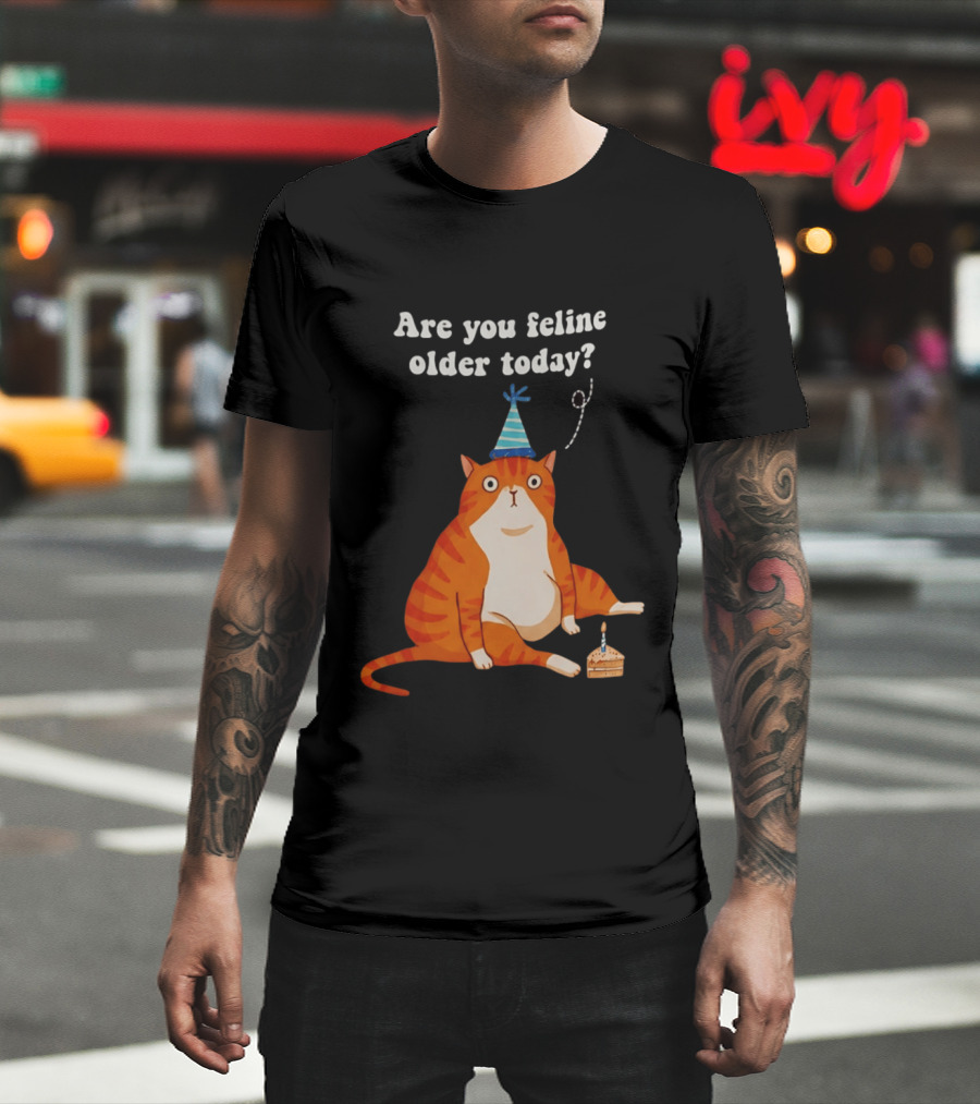 Are You Feline Older Today Birthday Cat With Party Hat And Cake T-Shirt