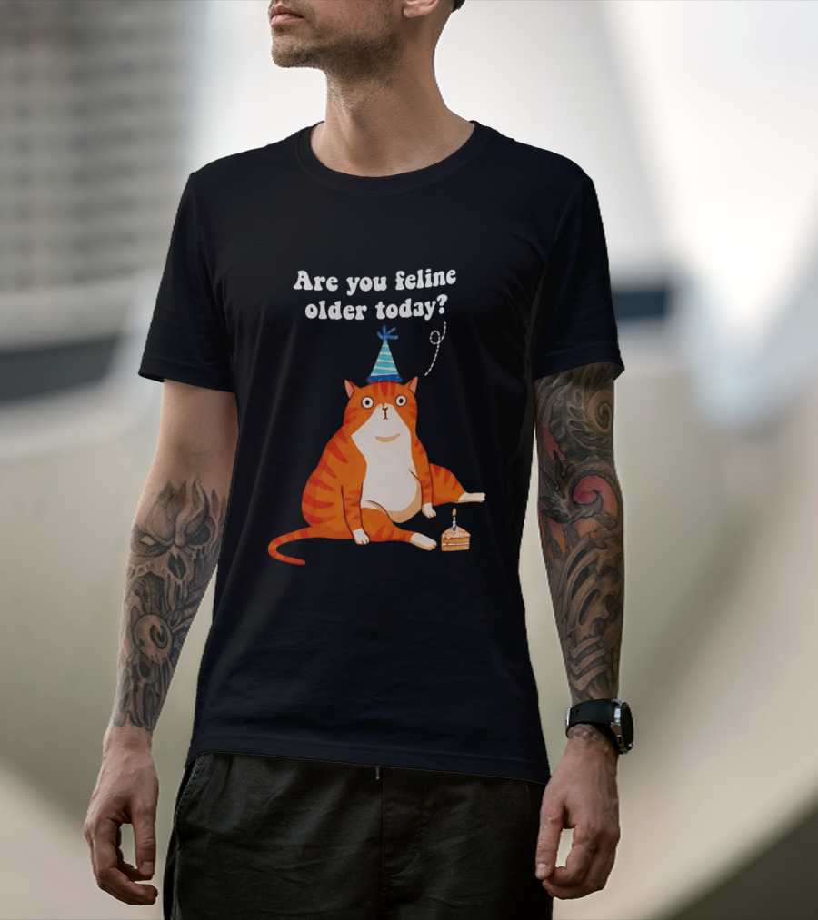 Are You Feline Older Today Birthday Cat With Party Hat And Cake T-Shirt