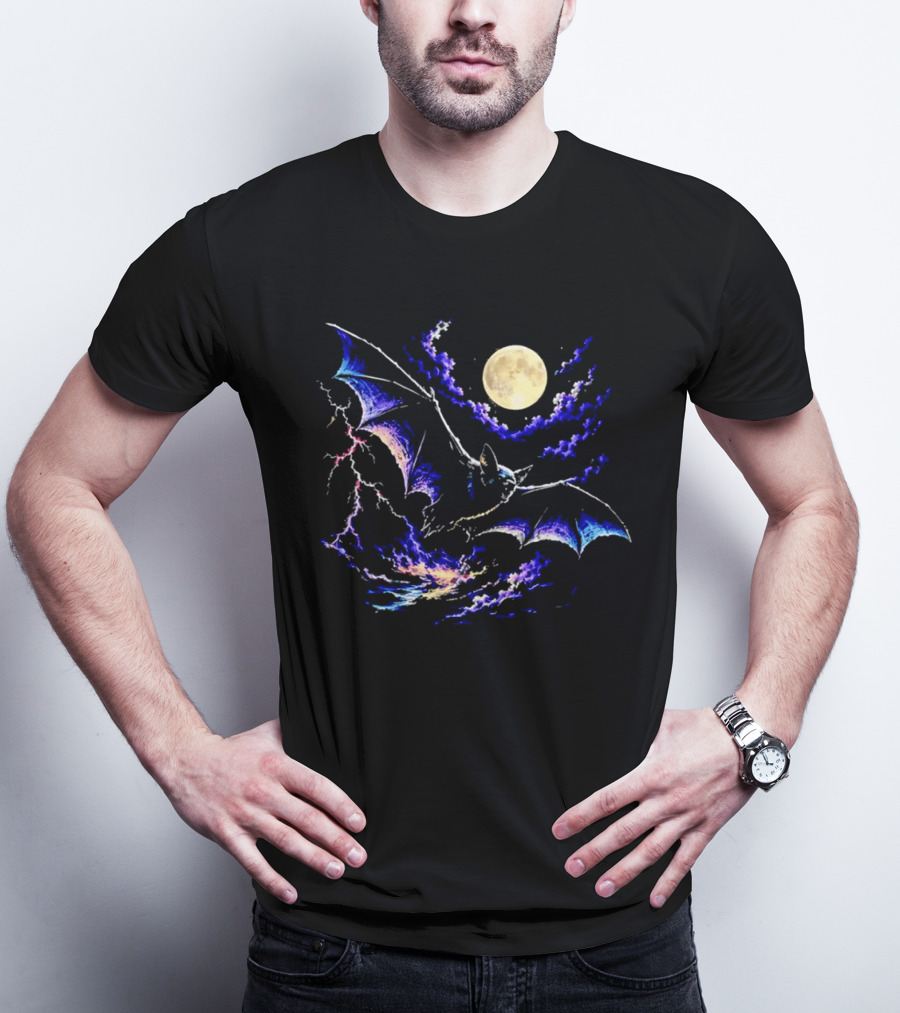 Bat Flying In Stormy Night With Full Moon Lightning And Clouds T-Shirt