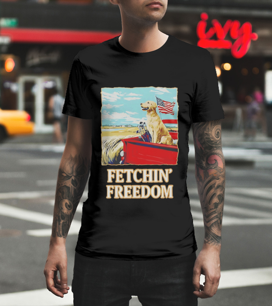Fetching Freedom Dog And American Flag Scene T-Shirt