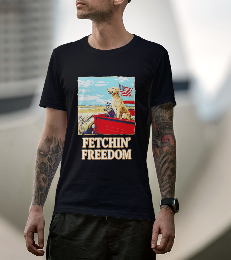 Fetching Freedom Dog And American Flag Scene T-Shirt