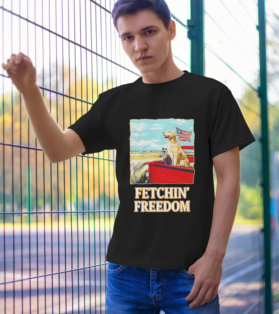 Fetching Freedom Dog And American Flag Scene T-Shirt