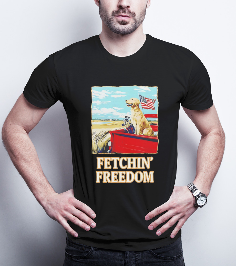 Fetching Freedom Dog And American Flag Scene T-Shirt