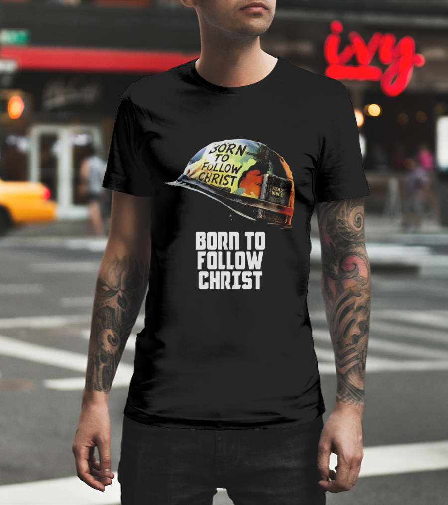 Born To Follow Christ Helmet With Holy Bible Military T-Shirt