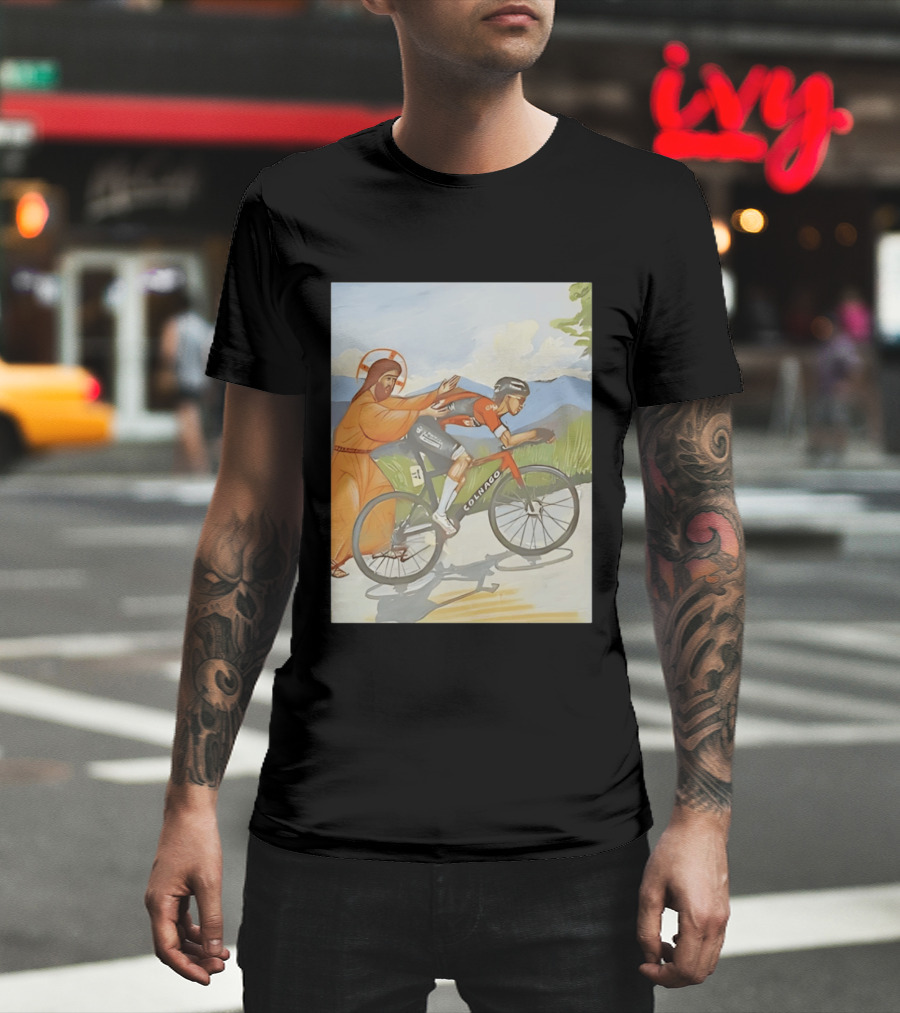 Jesus Gives Tadej Pogačar A Push Colnago Cycling T-Shirt