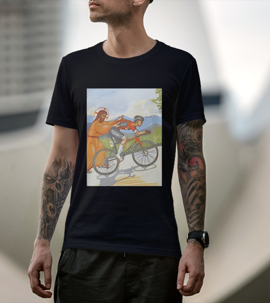 Jesus Gives Tadej Pogačar A Push Colnago Cycling T-Shirt
