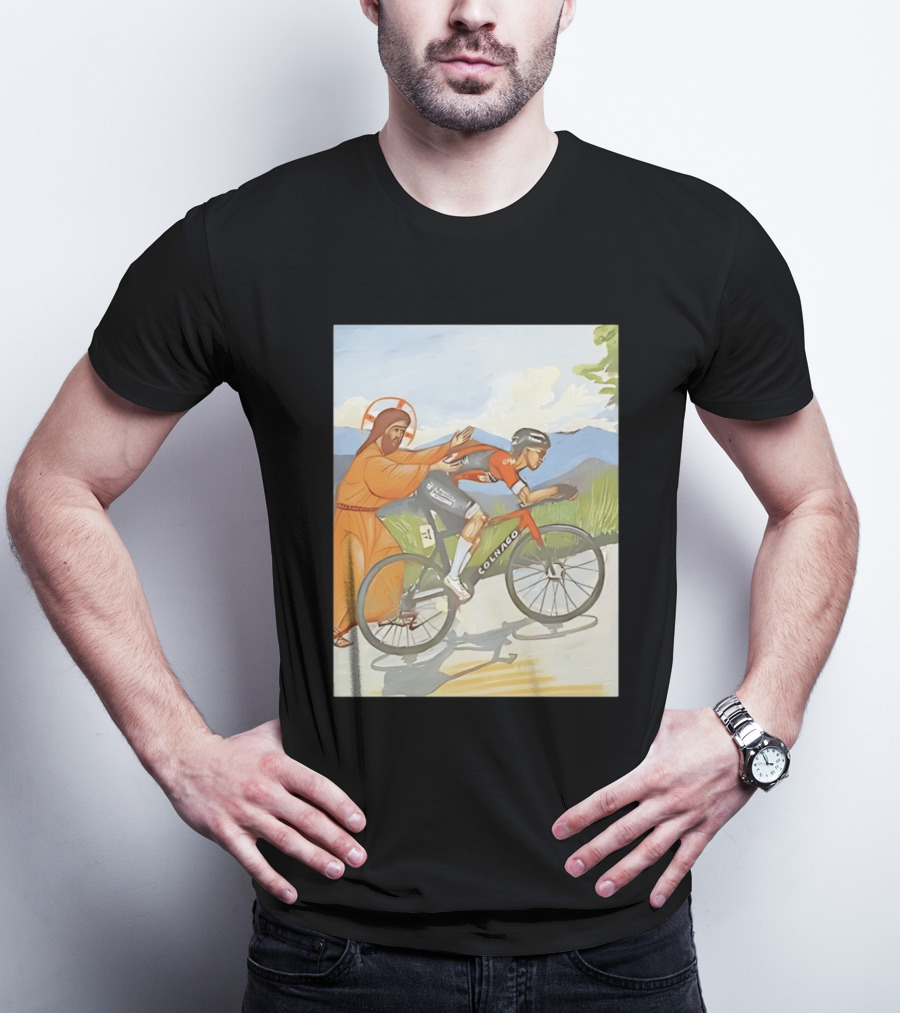 Jesus Gives Tadej Pogačar A Push Colnago Cycling T-Shirt