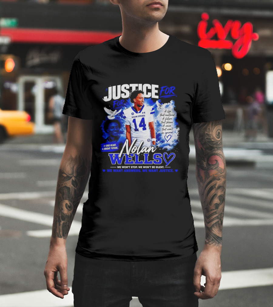 Justice For Nolan Wells Ocean Springs Football Number 14 Ignored Heart We Won't Stop Silent T-Shirt