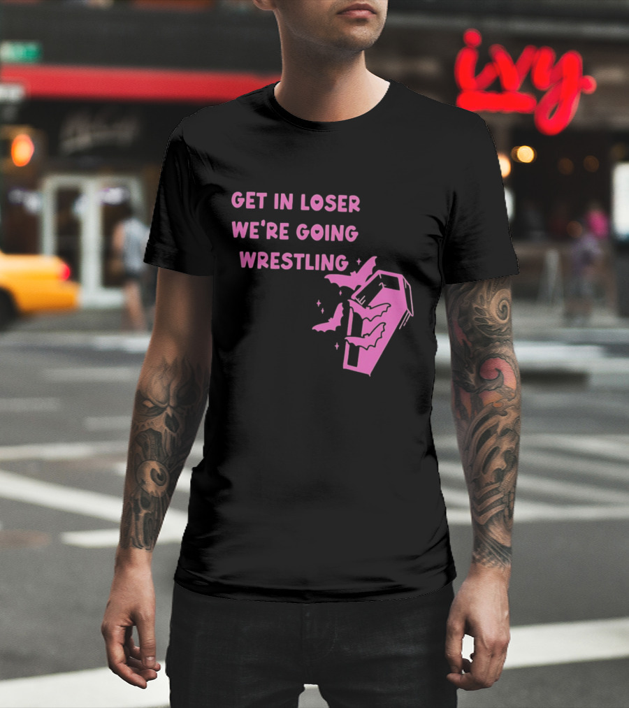 Get In Loser We're Going Wrestling Coffin With Bats And Stars T-Shirt