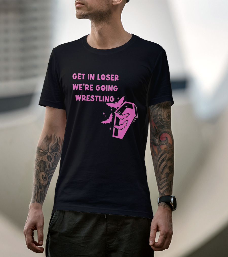 Get In Loser We're Going Wrestling Coffin With Bats And Stars T-Shirt
