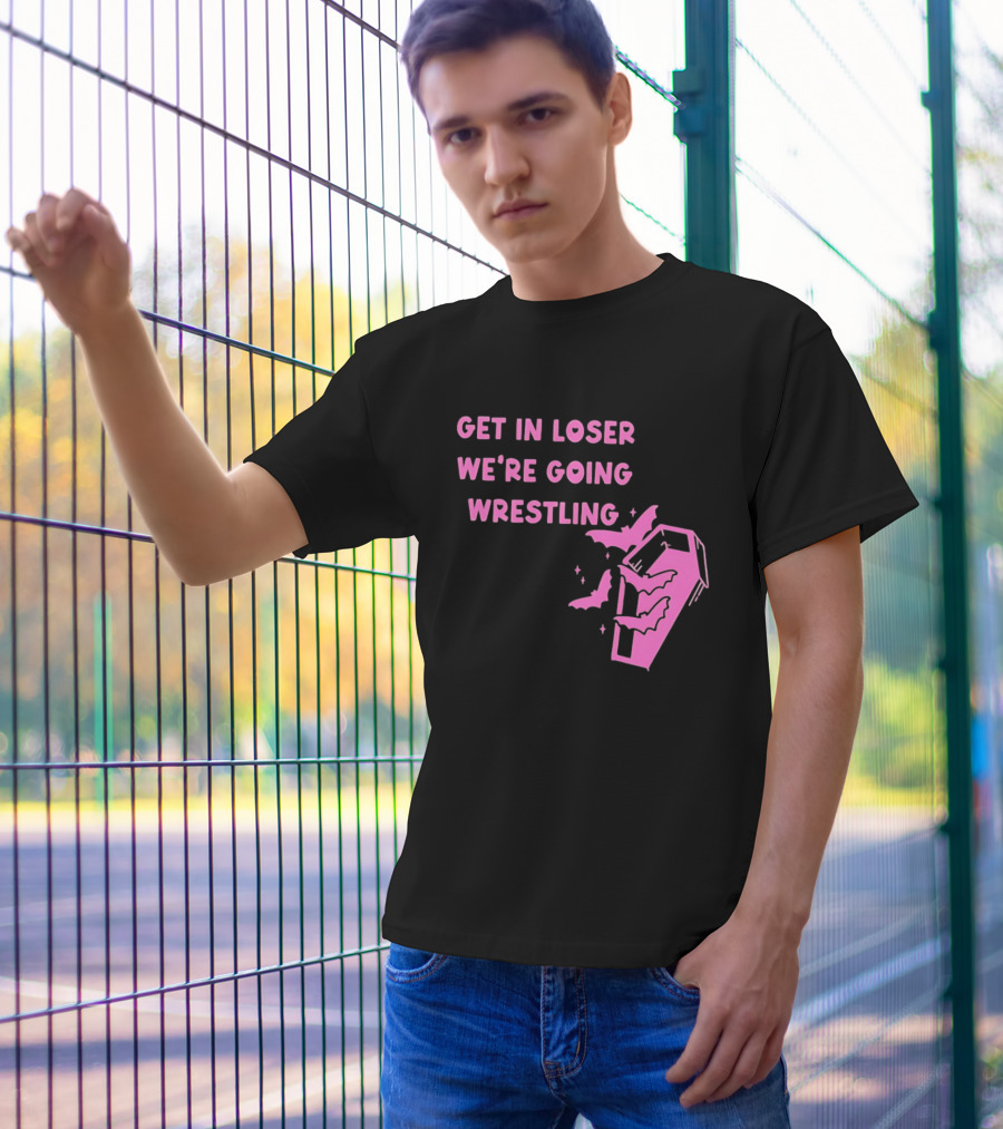 Get In Loser We're Going Wrestling Coffin With Bats And Stars T-Shirt