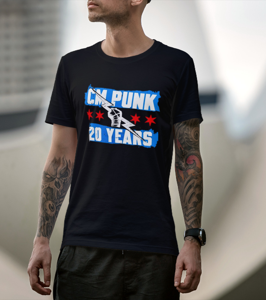 CM Punk 20 Years WWE Flag With Stars And Lightning Fist T-Shirt