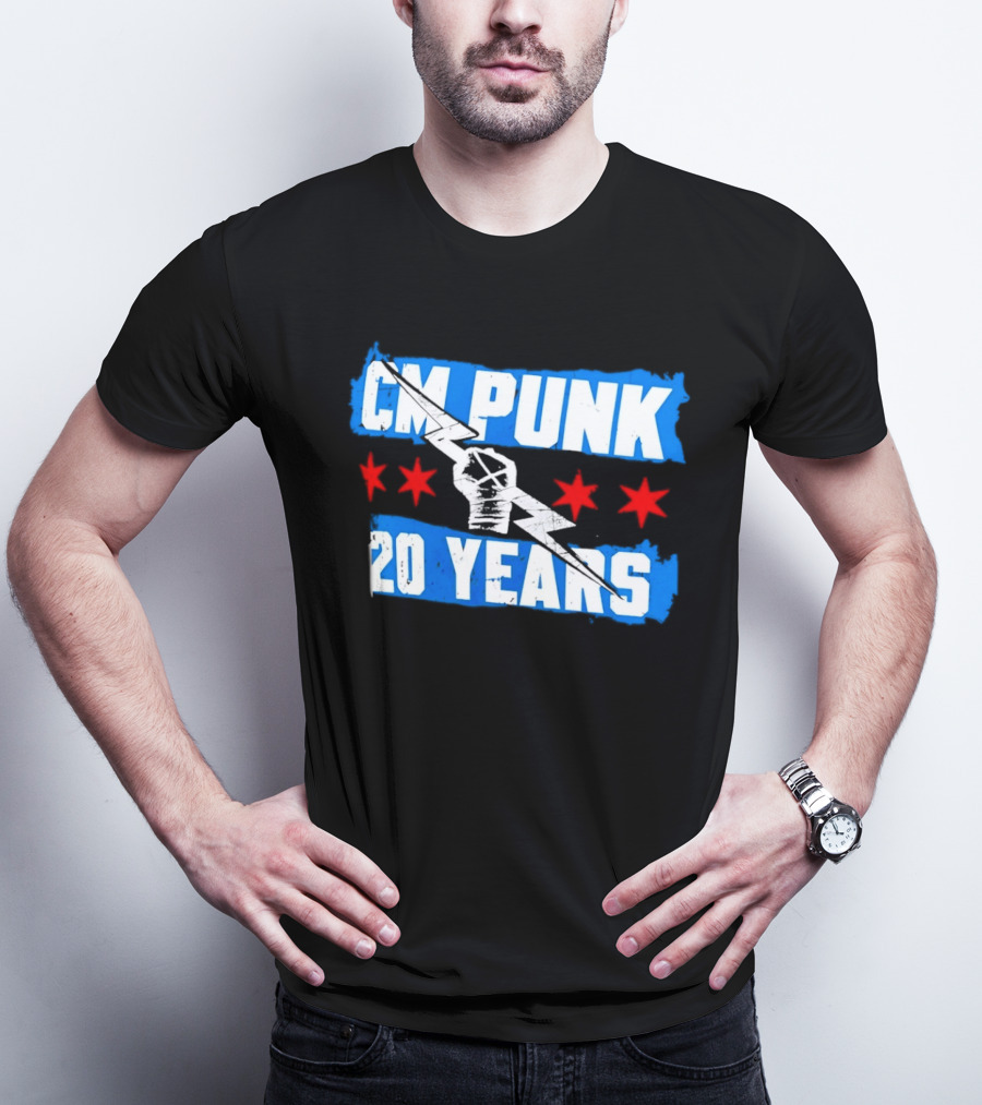 CM Punk 20 Years WWE Flag With Stars And Lightning Fist T-Shirt