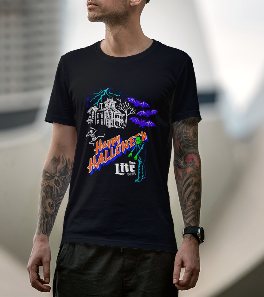 Happy Halloween Miller Lite Beer Haunted House Frankenstein Bats T-Shirt