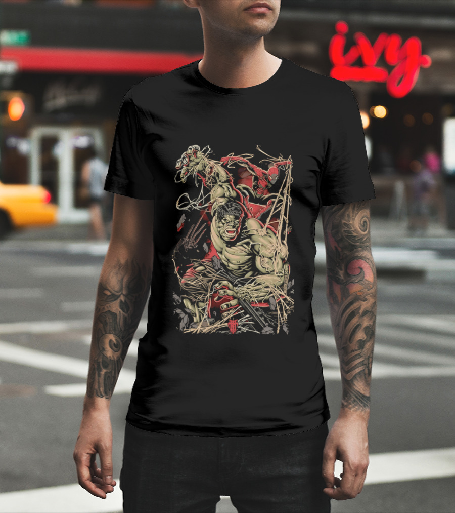 Marvel Hulk Spider Man Dynamic Action Scene T-Shirt