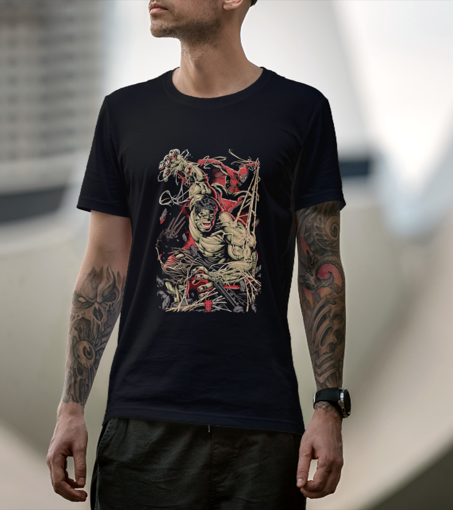 Marvel Hulk Spider Man Dynamic Action Scene T-Shirt