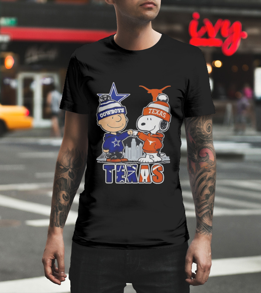Dallas Cowboys Texas Longhorns Peanuts Characters Stadium Scene T-Shirt