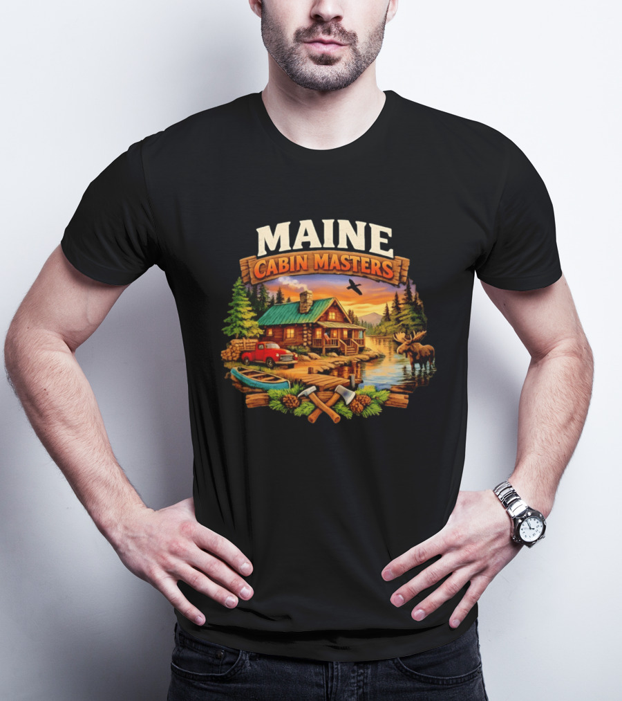 Maine Cabin Masters Rustic Wilderness Scene With Moose And Red Truck T-Shirt