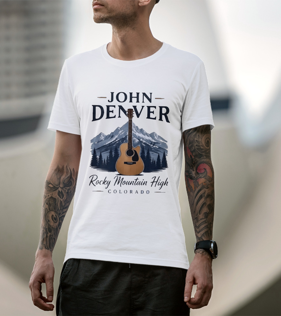 John Denver Rocky Mountain High Colorado Guitar Mountain Scene T-Shirt