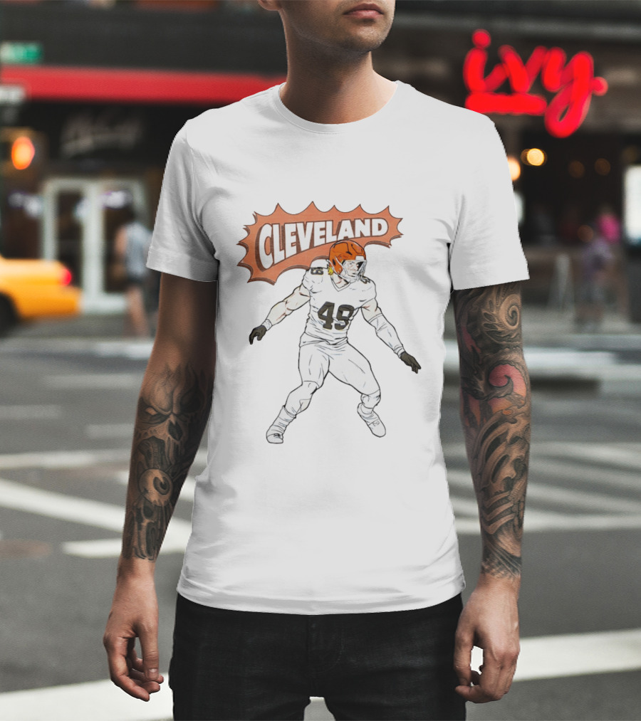 Cleveland Football Comic Style 2026 Player 49 Iconic Helmet T-Shirt
