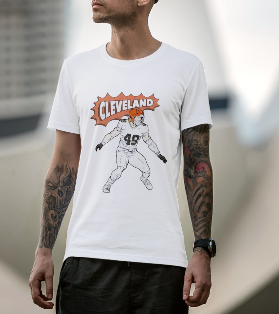 Cleveland Football Comic Style 2026 Player 49 Iconic Helmet T-Shirt