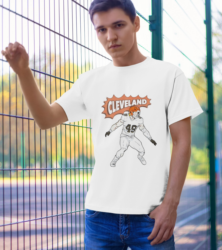 Cleveland Football Comic Style 2026 Player 49 Iconic Helmet T-Shirt