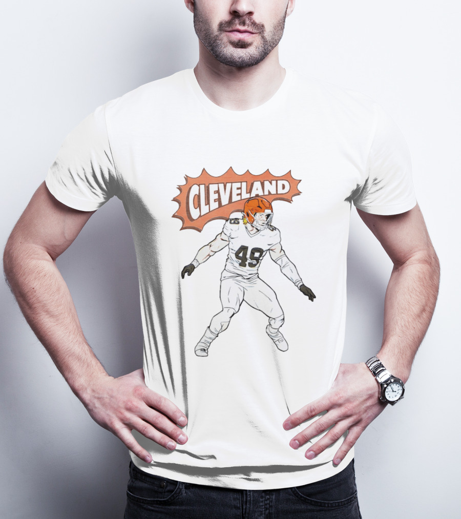 Cleveland Football Comic Style 2026 Player 49 Iconic Helmet T-Shirt