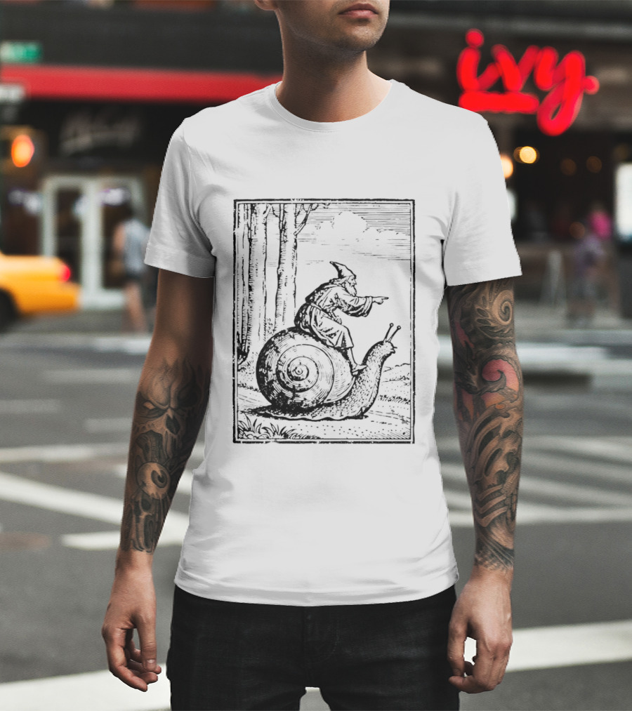 Medieval Snail Rider Wizard Woodcut Fantasy Enchantment T-Shirt