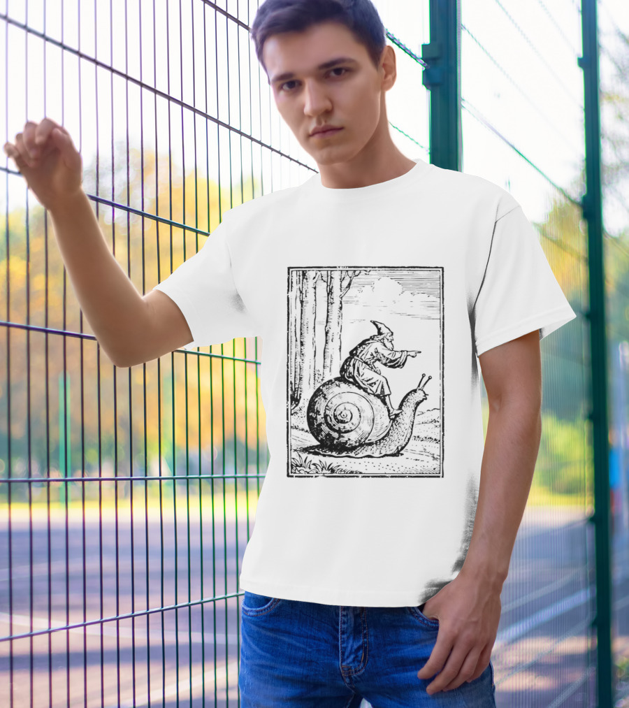 Medieval Snail Rider Wizard Woodcut Fantasy Enchantment T-Shirt
