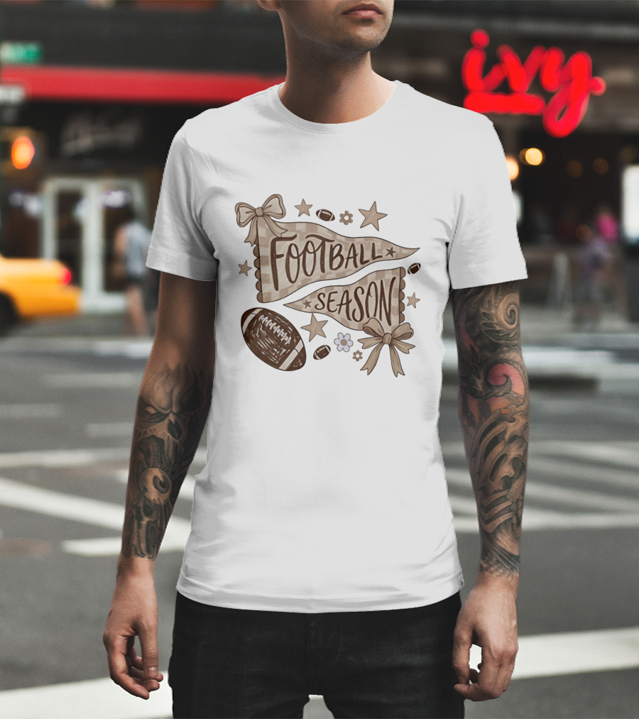 Football Season Pennant Bows And Stars With Footballs T-Shirt