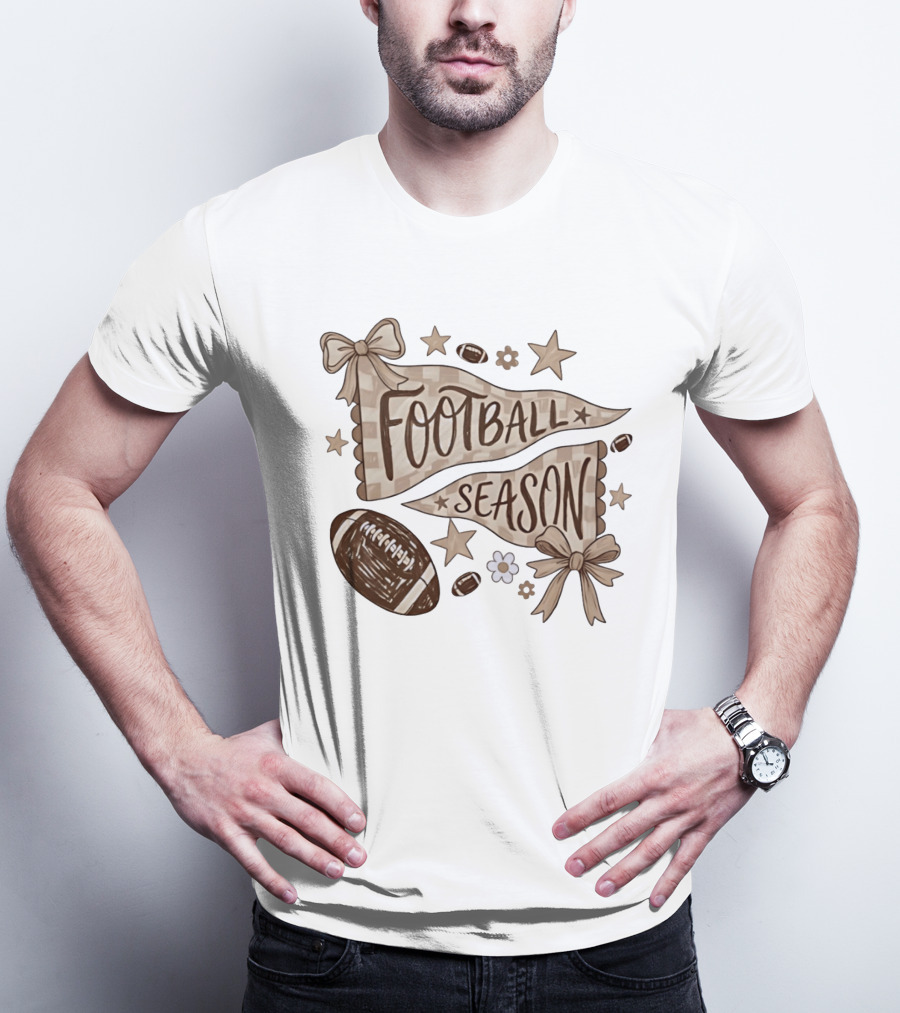 Football Season Pennant Bows And Stars With Footballs T-Shirt