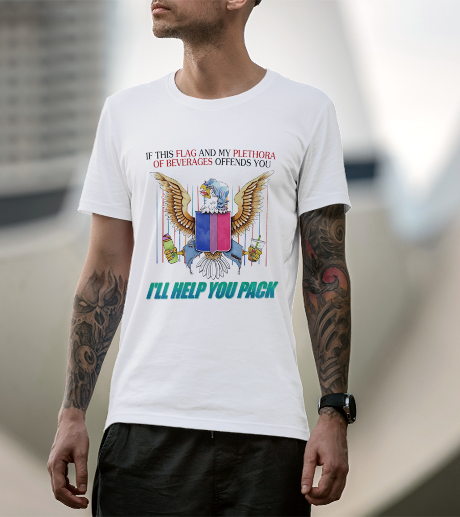 If This Flag And My Plethora Of Beverages Offends You I'll Help You Pack Eagle Holding Drinks T-Shirt