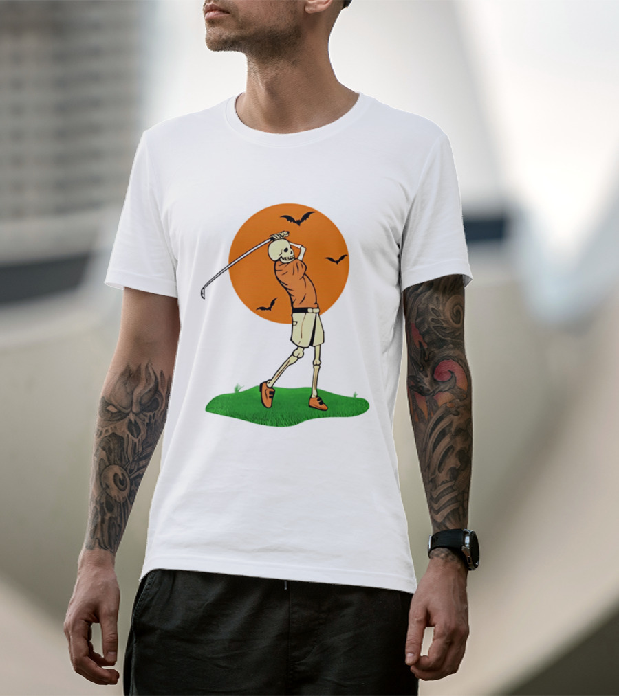 Skeleton Golfer At Sunset With Flying Bats T-Shirt