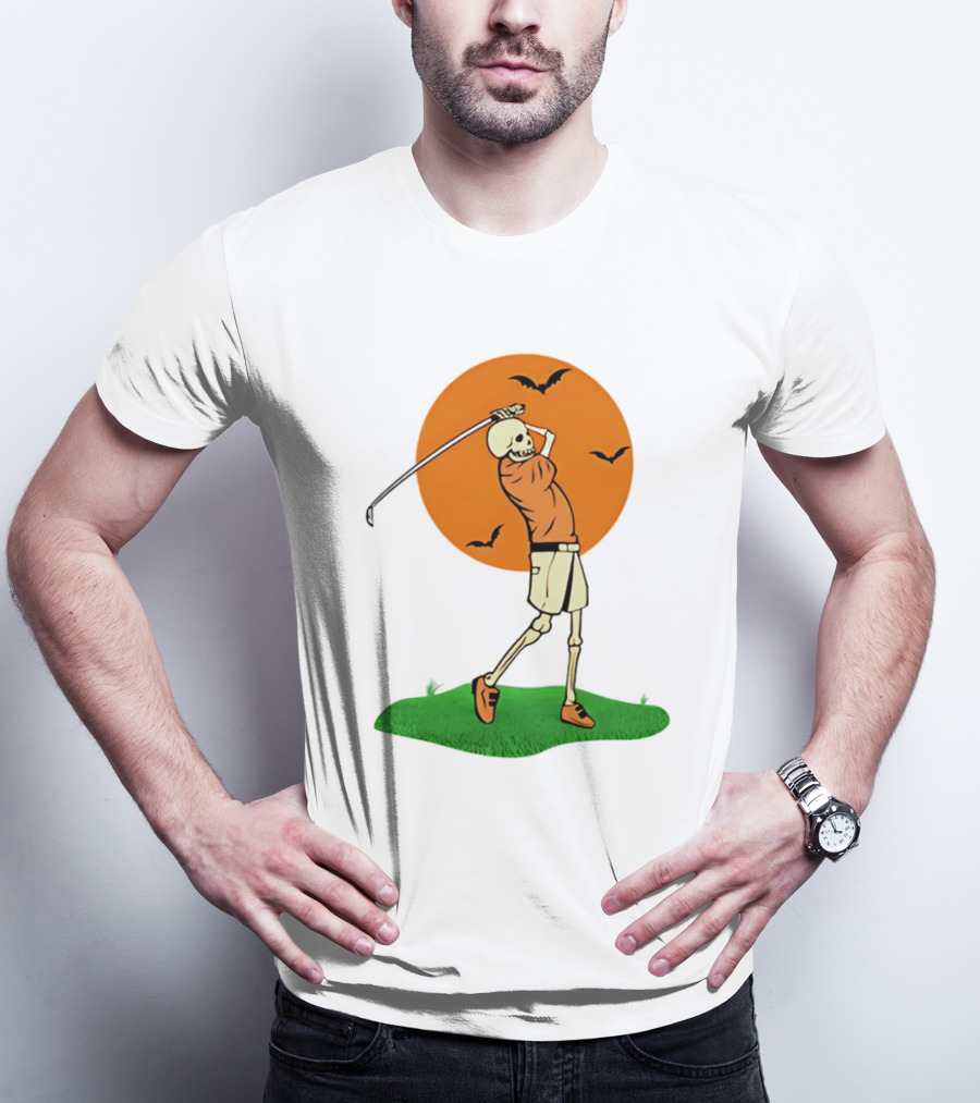 Skeleton Golfer At Sunset With Flying Bats T-Shirt
