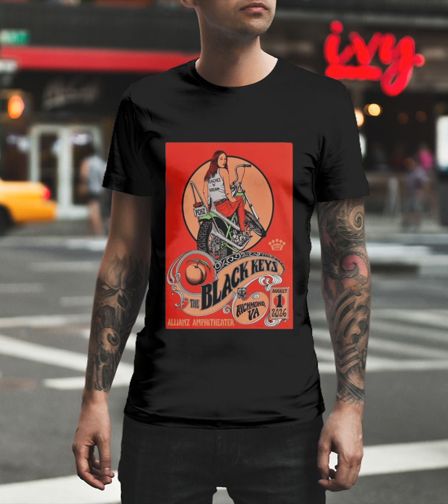 The Black Keys Allianz Amphitheater Richmond VA August 1 2026 Peaches N Kream Motorcycle T-Shirt
