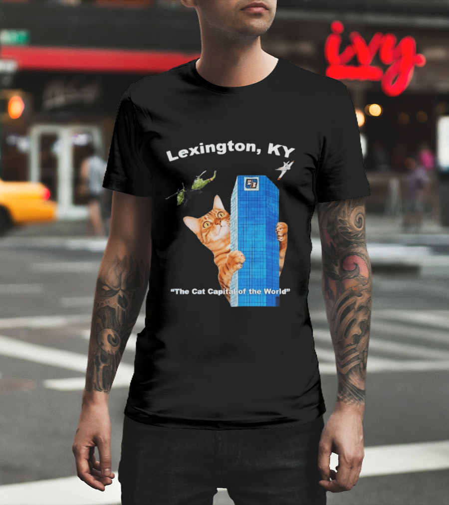 Lexington KY The Cat Capital Of The World Funny Cat With Building And Helicopter T-Shirt