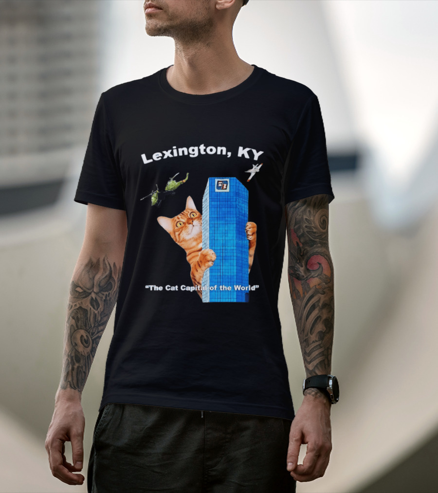 Lexington KY The Cat Capital Of The World Funny Cat With Building And Helicopter T-Shirt