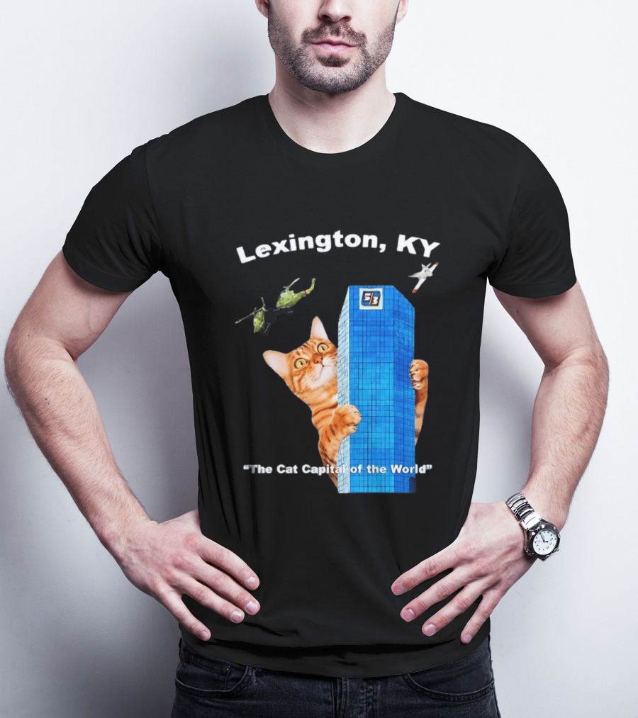Lexington KY The Cat Capital Of The World Funny Cat With Building And Helicopter T-Shirt