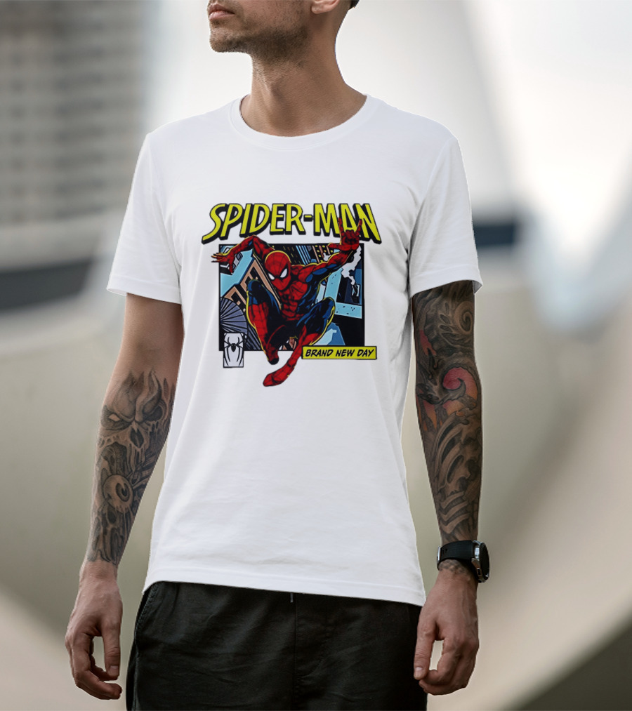 Spider Man Brand New Day Iconic Comic Style Swinging Action T-Shirt