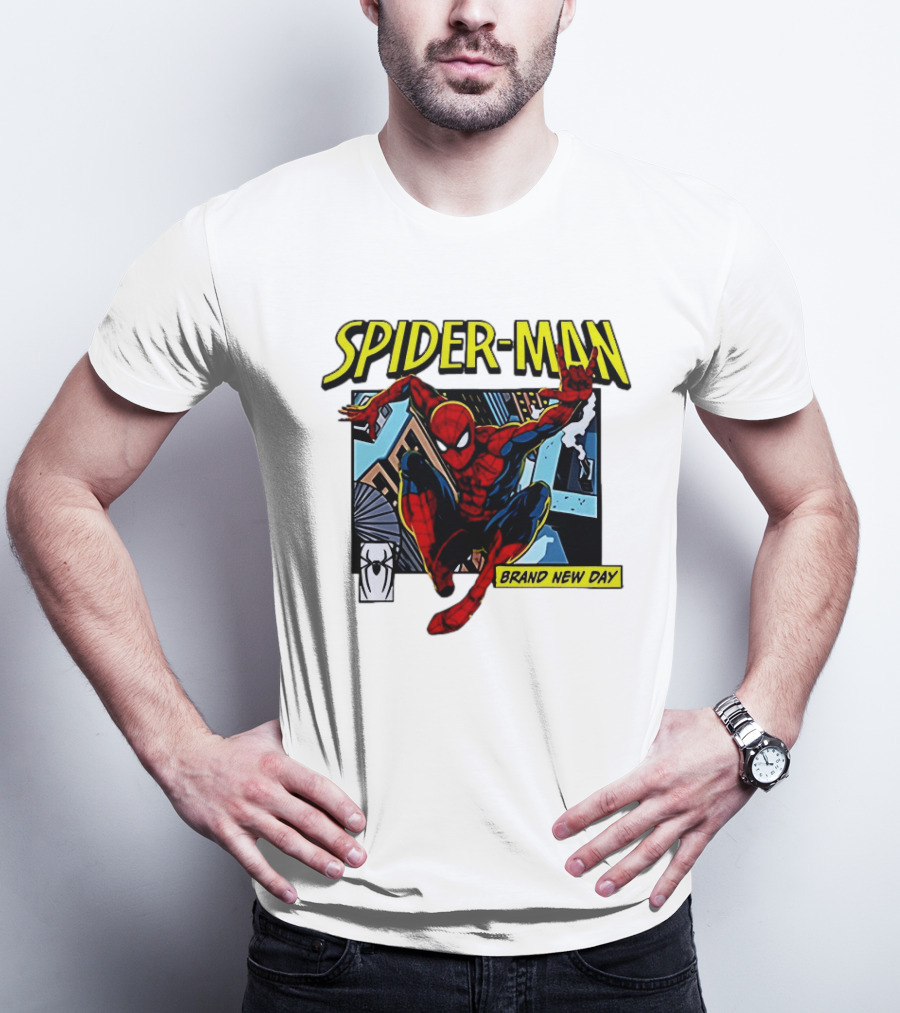 Spider Man Brand New Day Iconic Comic Style Swinging Action T-Shirt