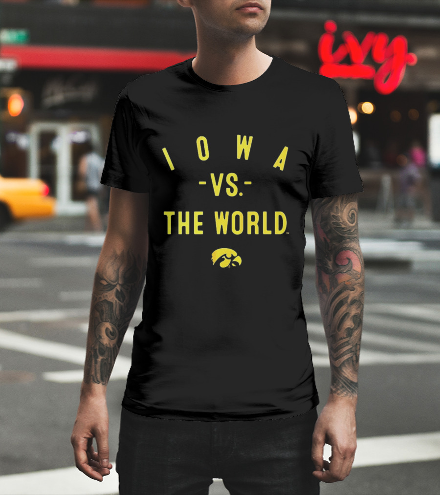 Iowa Hawkeyes NCAA Football Iowa Vs The World 2026 Yellow Text With Hawkeye T-Shirt