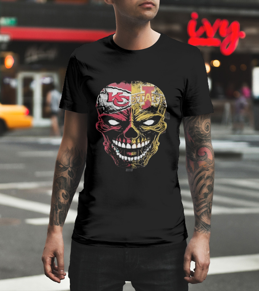 Kansas City Chiefs Iowa State Cyclones Skull Split Face T-Shirt
