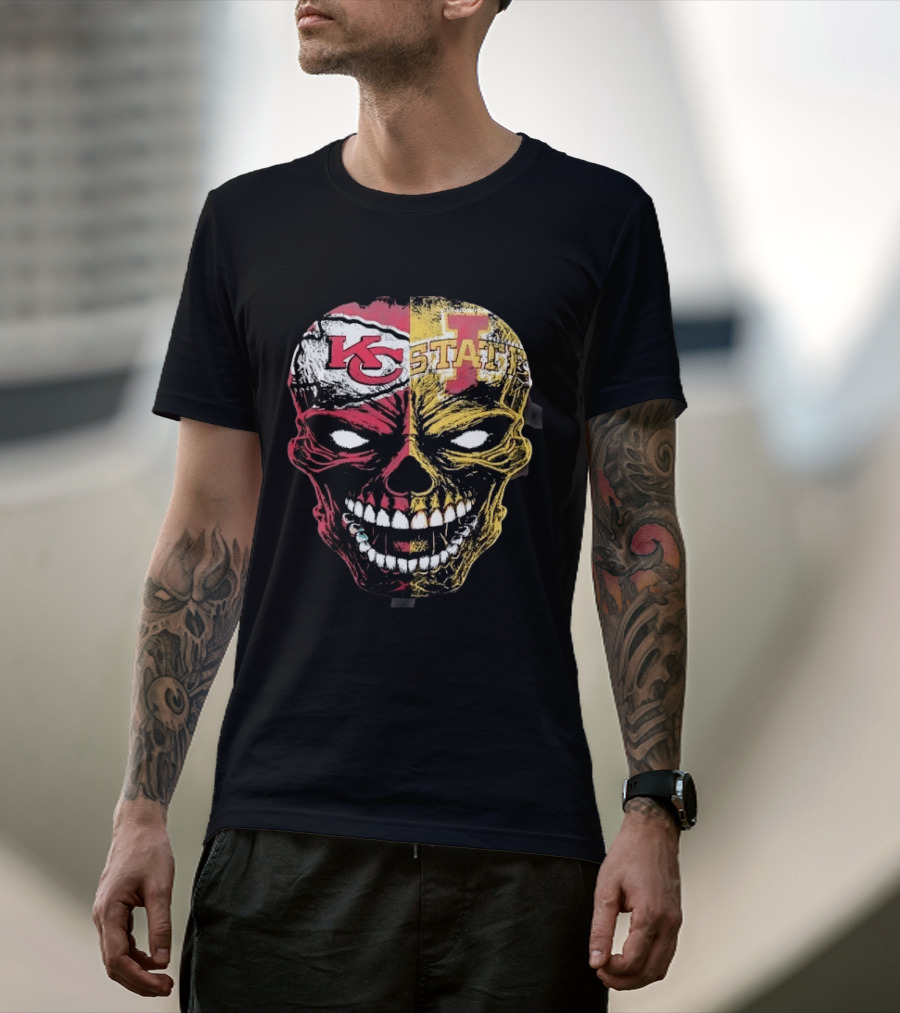 Kansas City Chiefs Iowa State Cyclones Skull Split Face T-Shirt